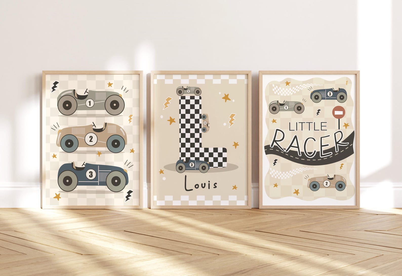 Set of 3 Personalised Race Car Name Prints in Neutral Colours, Retro ...