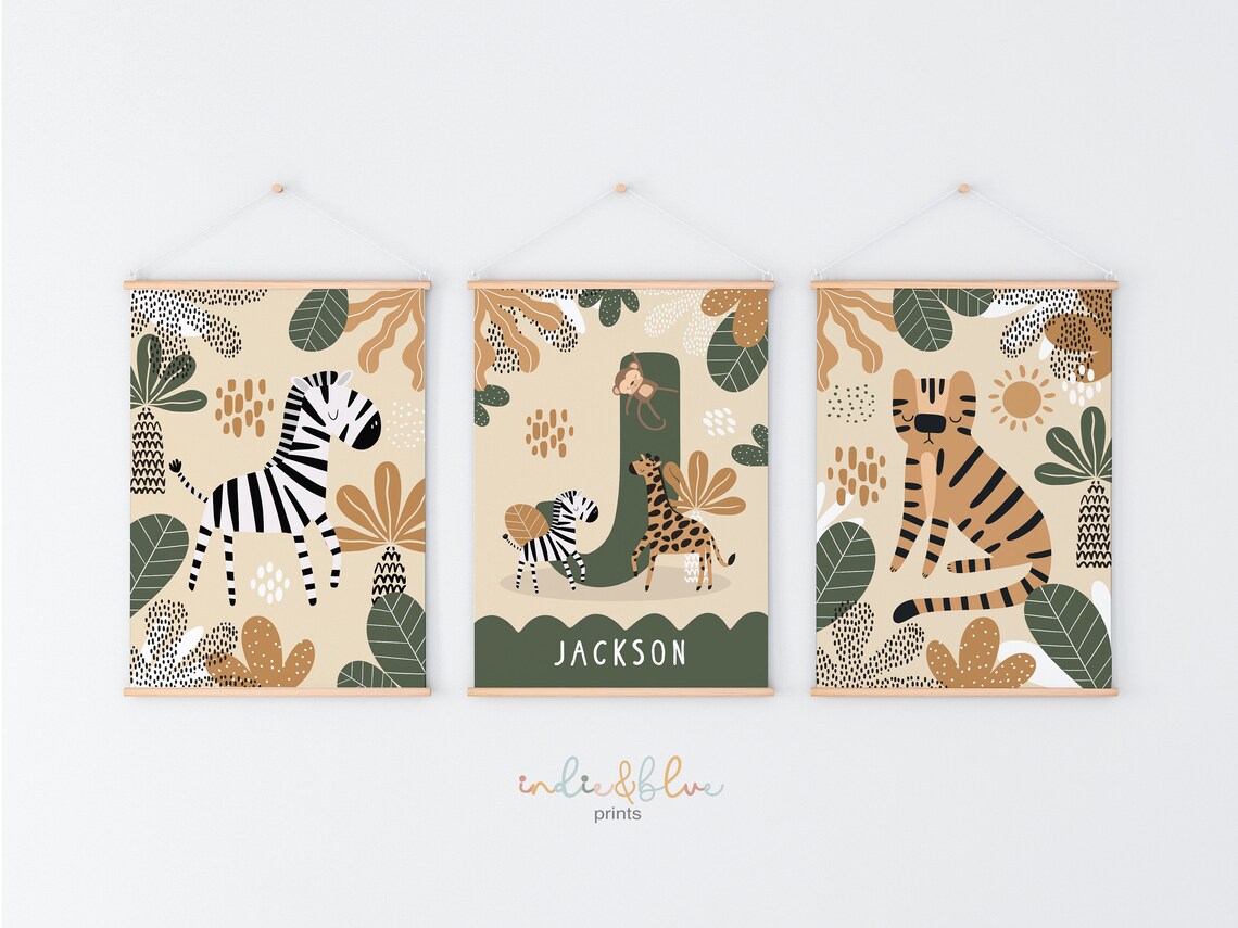 Set of 3 Personalised Safari Animals Nursery Prints, Name Print, Tiger ...