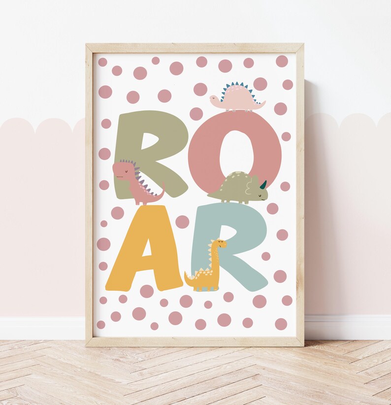 Cute Dinosaur Chart Print, Roar Poster in Pastel Colours, Girl Bedroom ...