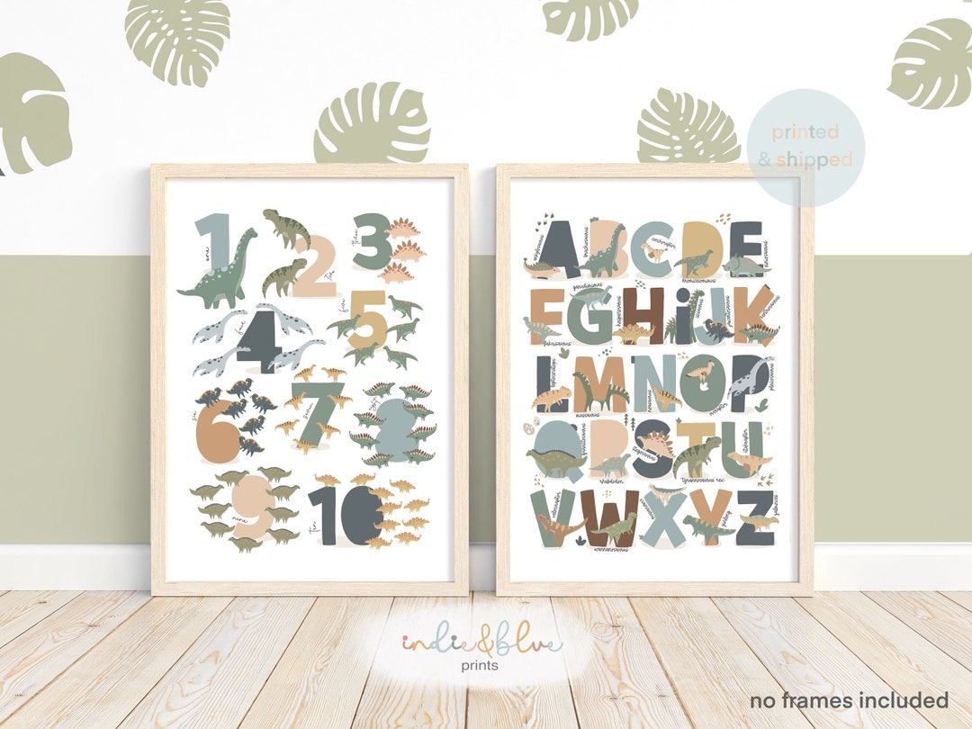 Set of 2 Dinosaur Prints, Alphabet Numbers Print, ABC Print, Scandi ...