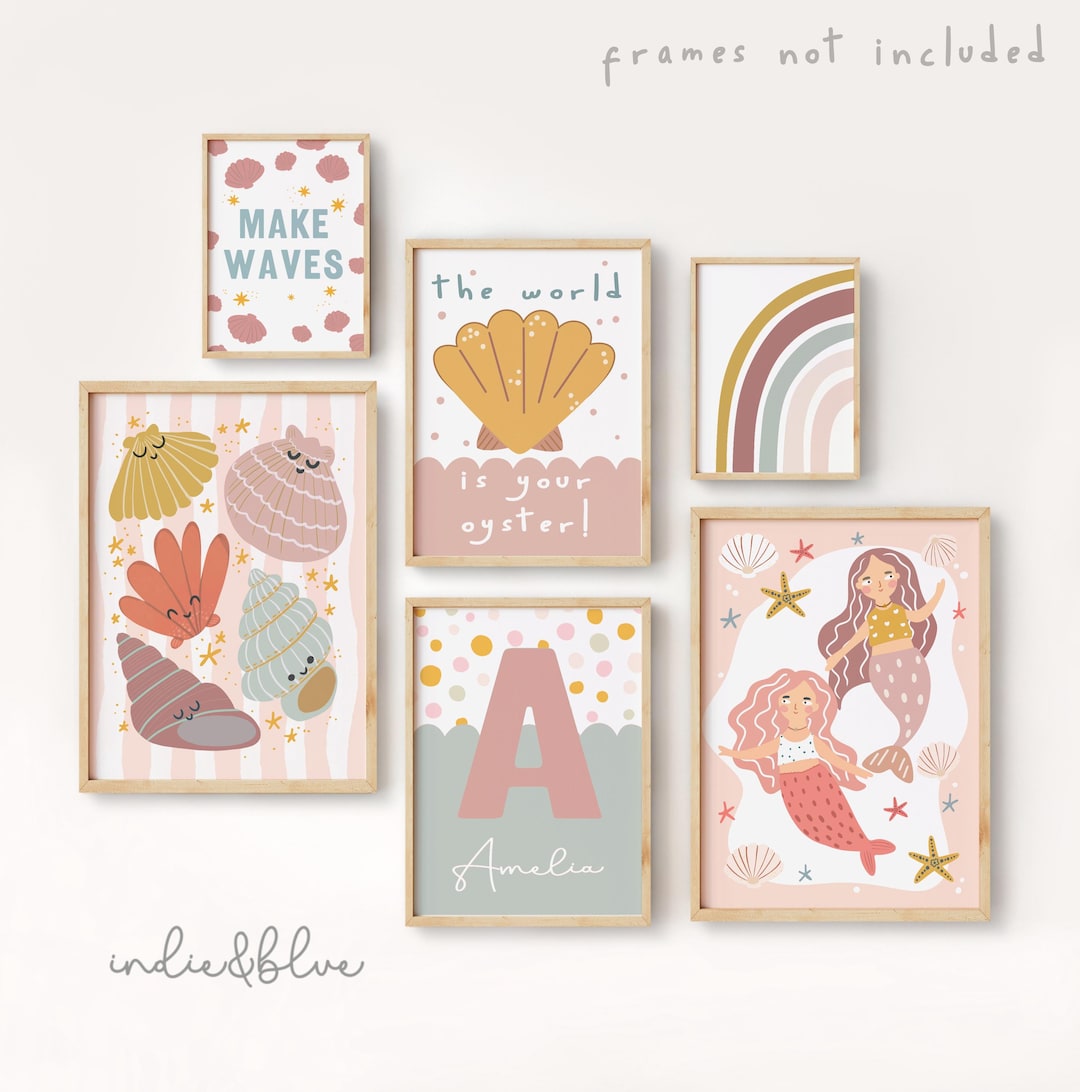 Set of 6 Personalised Mermaids Prints, Poster Set in Pastel, Ocean ...