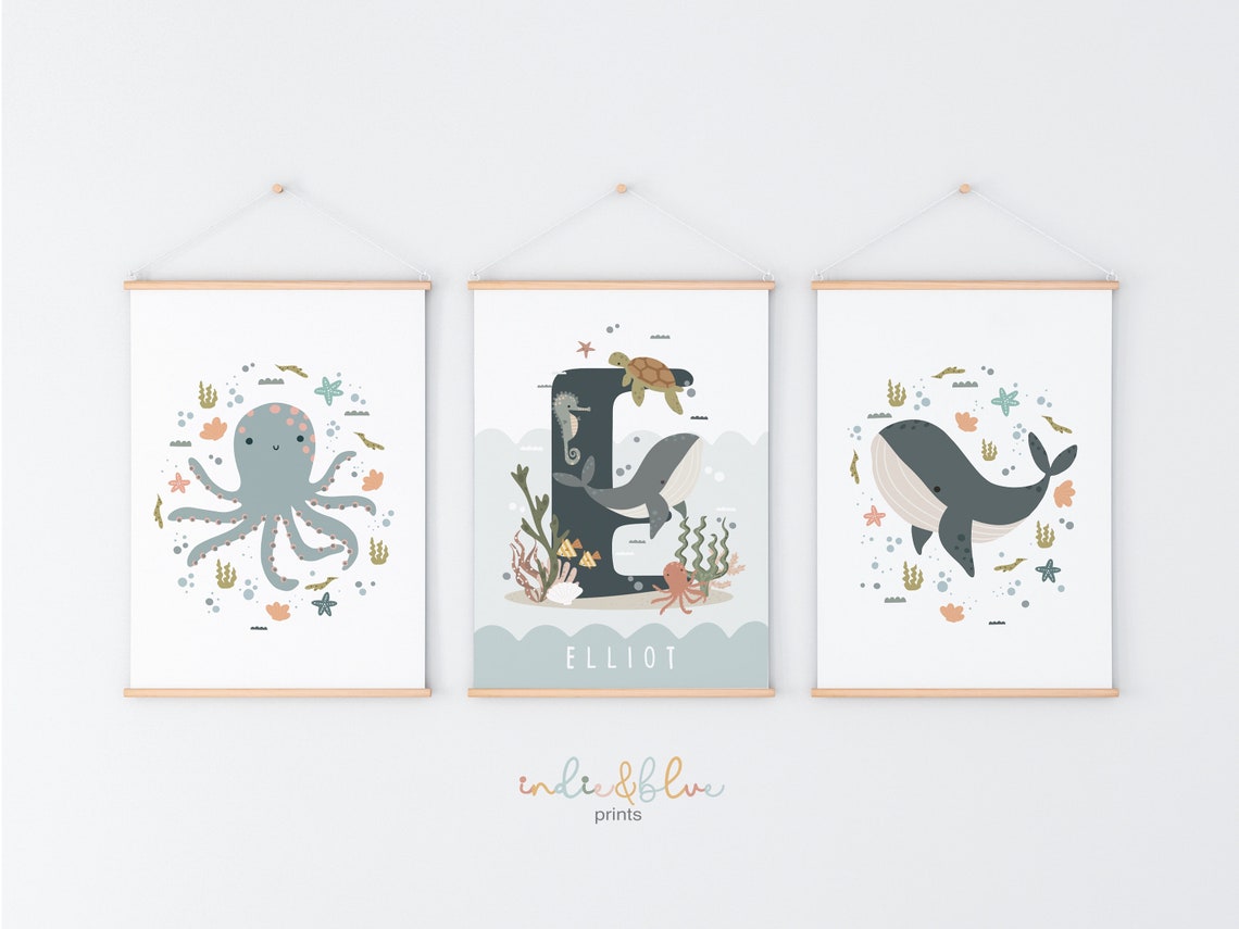 Set of 3 Personalised Unframed Sea Animals Prints, Ocean Nursery Prints ...
