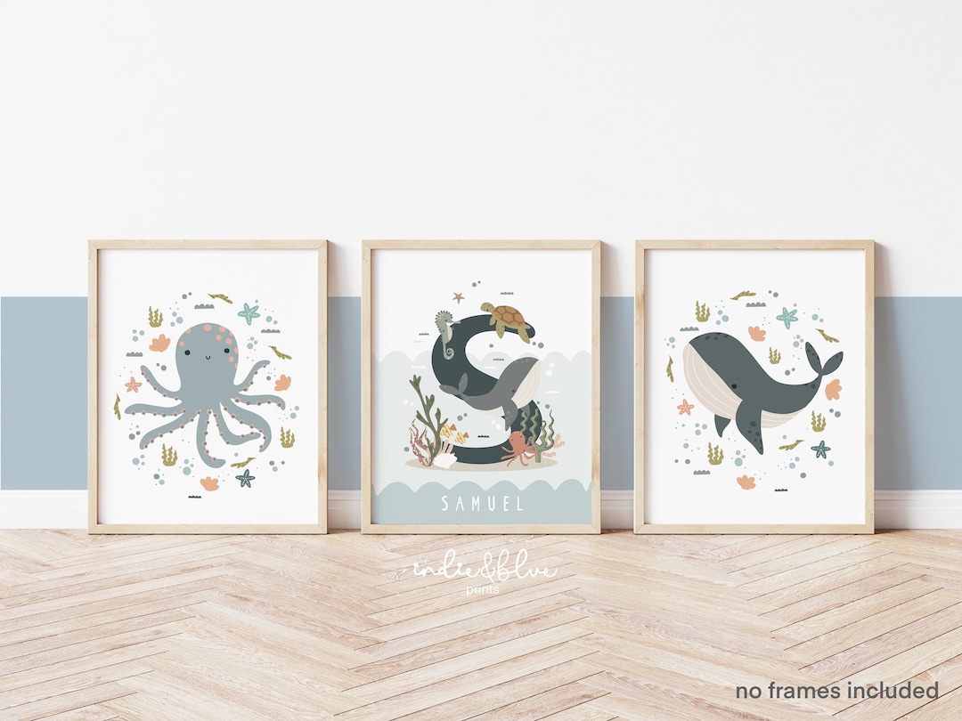 Set of 3 Personalised Unframed Sea Animals Prints, Ocean Nursery Prints ...
