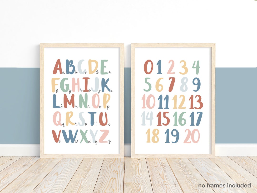 Rainbow Alphabet and Numbers Print Set, Blue and Green Educational ...