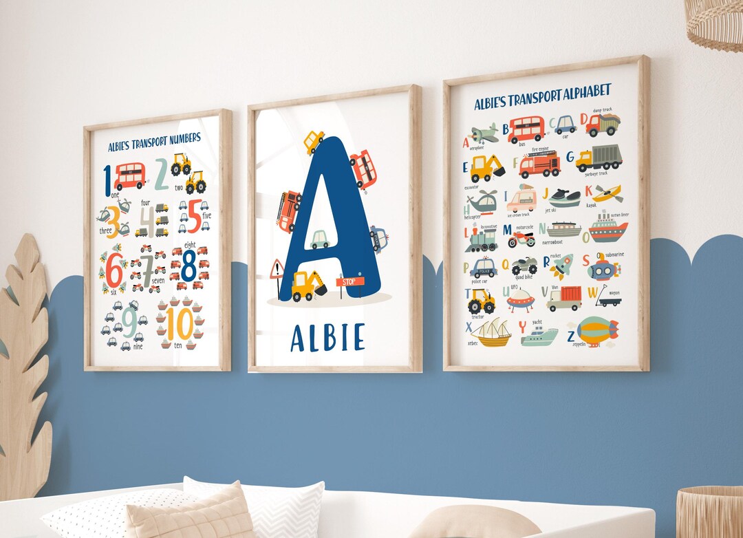 Set of 3 Personalised Transport Posters in Navy Blue, Vehicle Alphabet ...