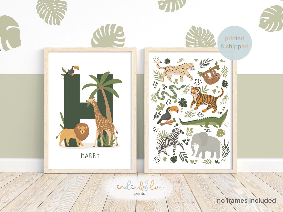 Safari Animal Prints, Set of 2 Personalised Name Print, Jungle Animals ...