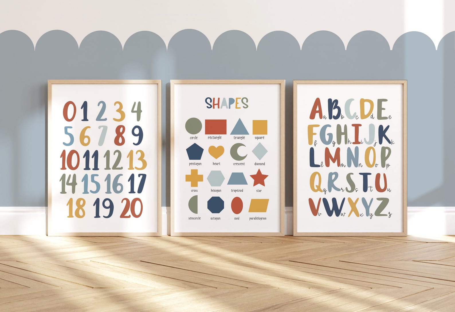 Set of 3 Educational Nursery Prints, Shapes Print, Alphabet Chart ...