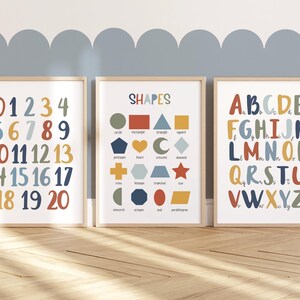 Set of 3 Educational Nursery Prints, Shapes Print, Alphabet Chart ...