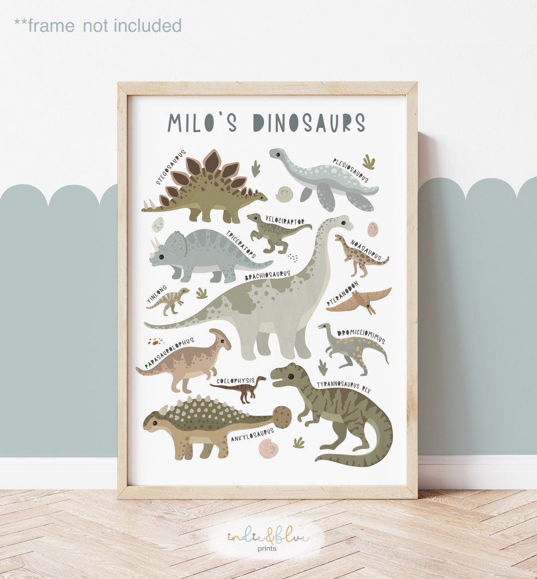 Personalised Name Dinosaur Chart Print in Blue, Dinosaur Bedroom Decor ...