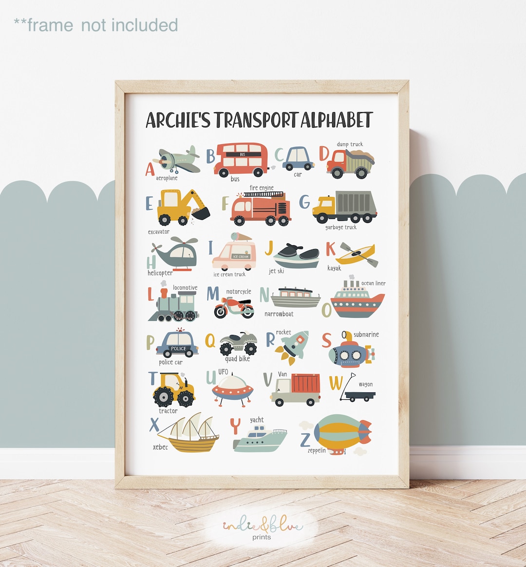 Personalised Scandi Vehicle Alphabet Print, Transport Print, Vehicles ...