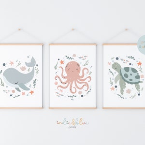 Set of 3 Unframed Sea Animals Prints, Ocean Nursery Prints, Under the ...