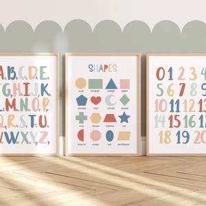 Set of 3 Educational Nursery Prints, Shapes Print, Alphabet Chart ...