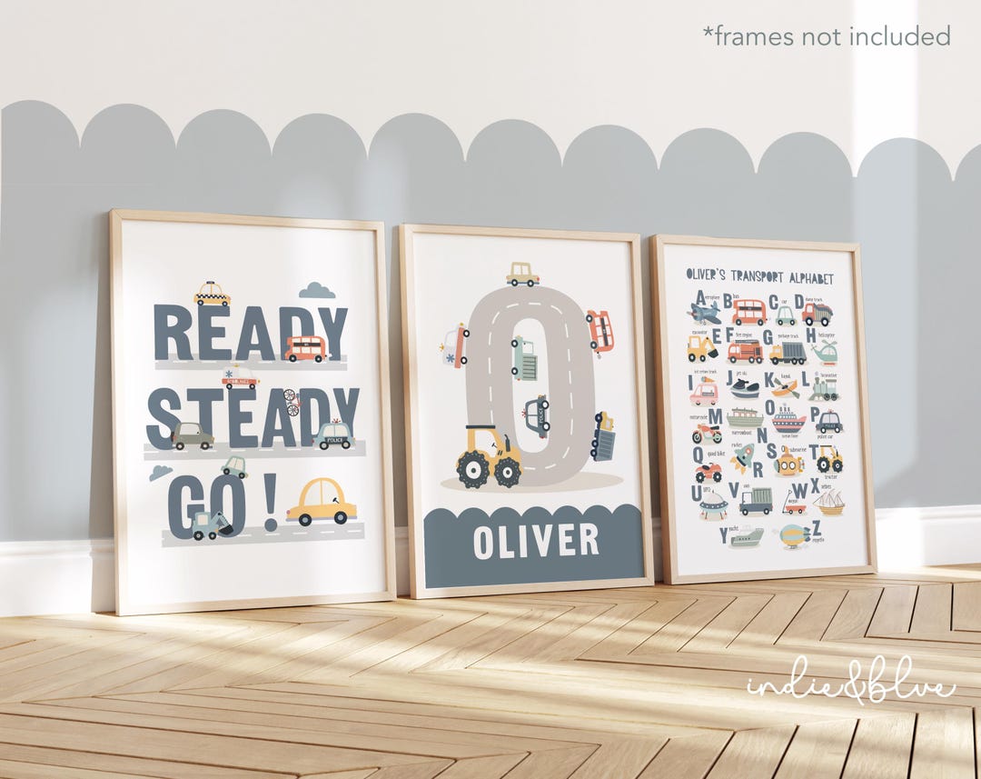 Personalised Set of 3 Transport Posters in Blue, Vehicle Prints, Cars ...