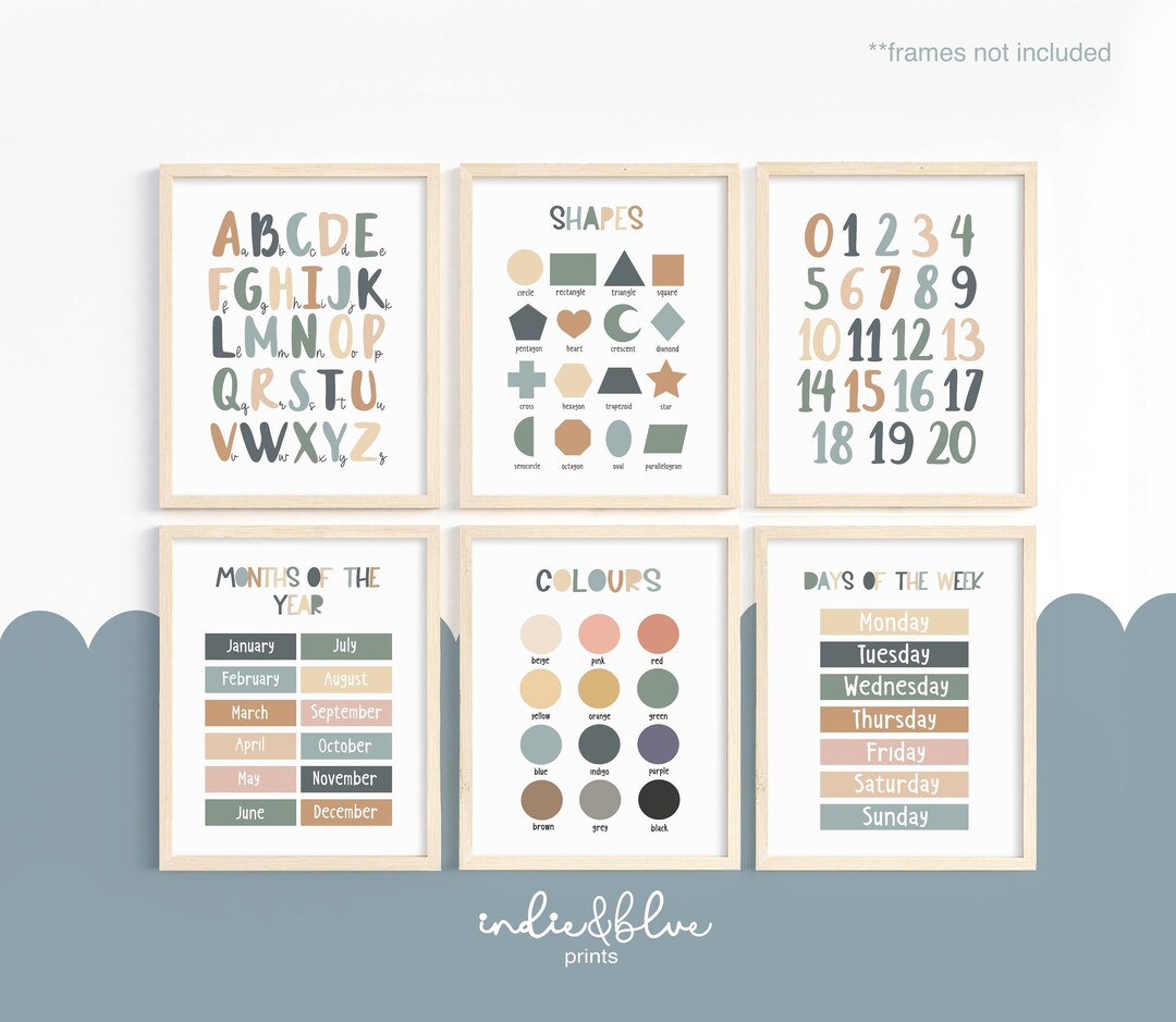 Set of 6 Educational Prints in Blue Green, Alphabet and Numbers Prints ...