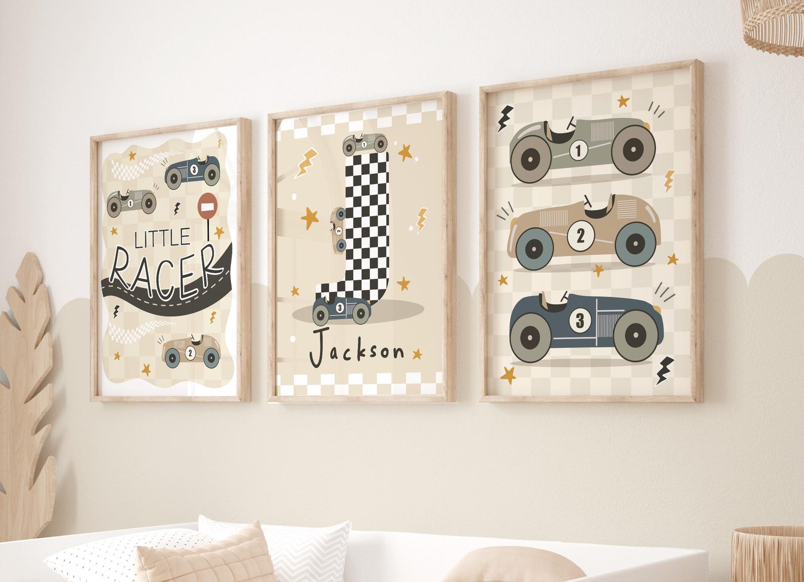 Set of 3 Personalised Race Car Name Prints in Neutral Colours, Retro ...