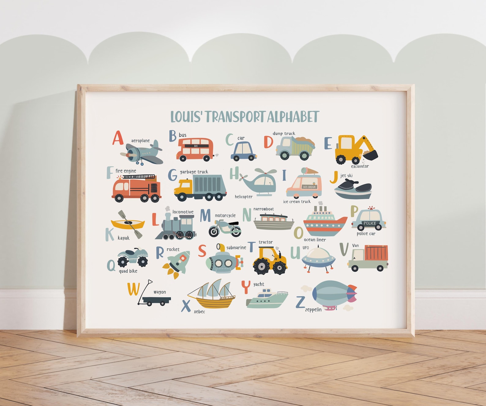 Personalised Transport ABC Alphabet Print in Blue, Vehicles Poster for ...