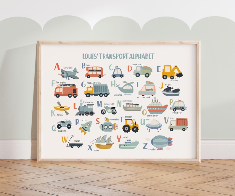 Personalised Transport ABC Alphabet Print in Blue, Vehicles Poster for ...