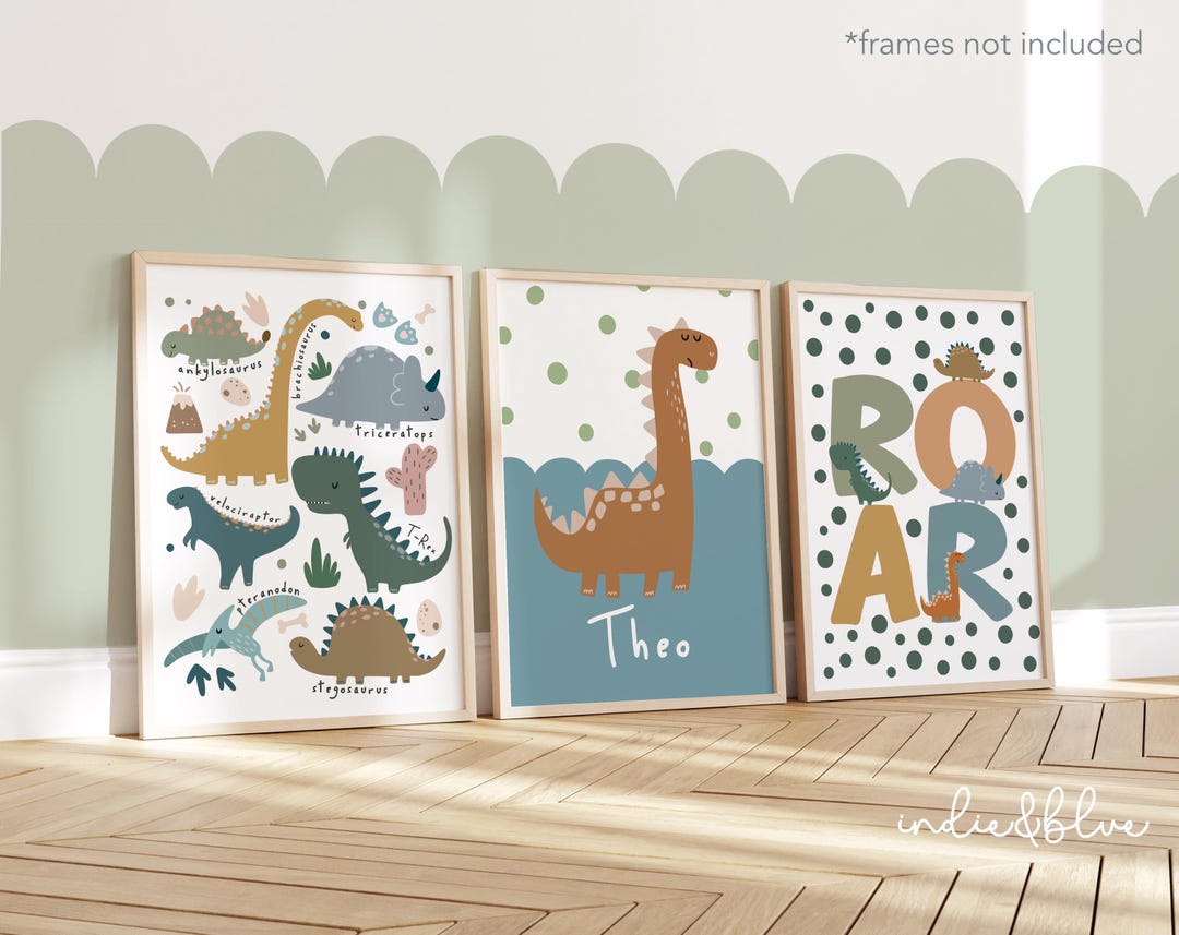 Set of 3 Personalised Dinosaur Name Prints, Dino Chart and Initial ...