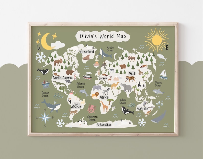 Personalised Animal World Map Print, Colourful Children’s Bedroom Decor ...
