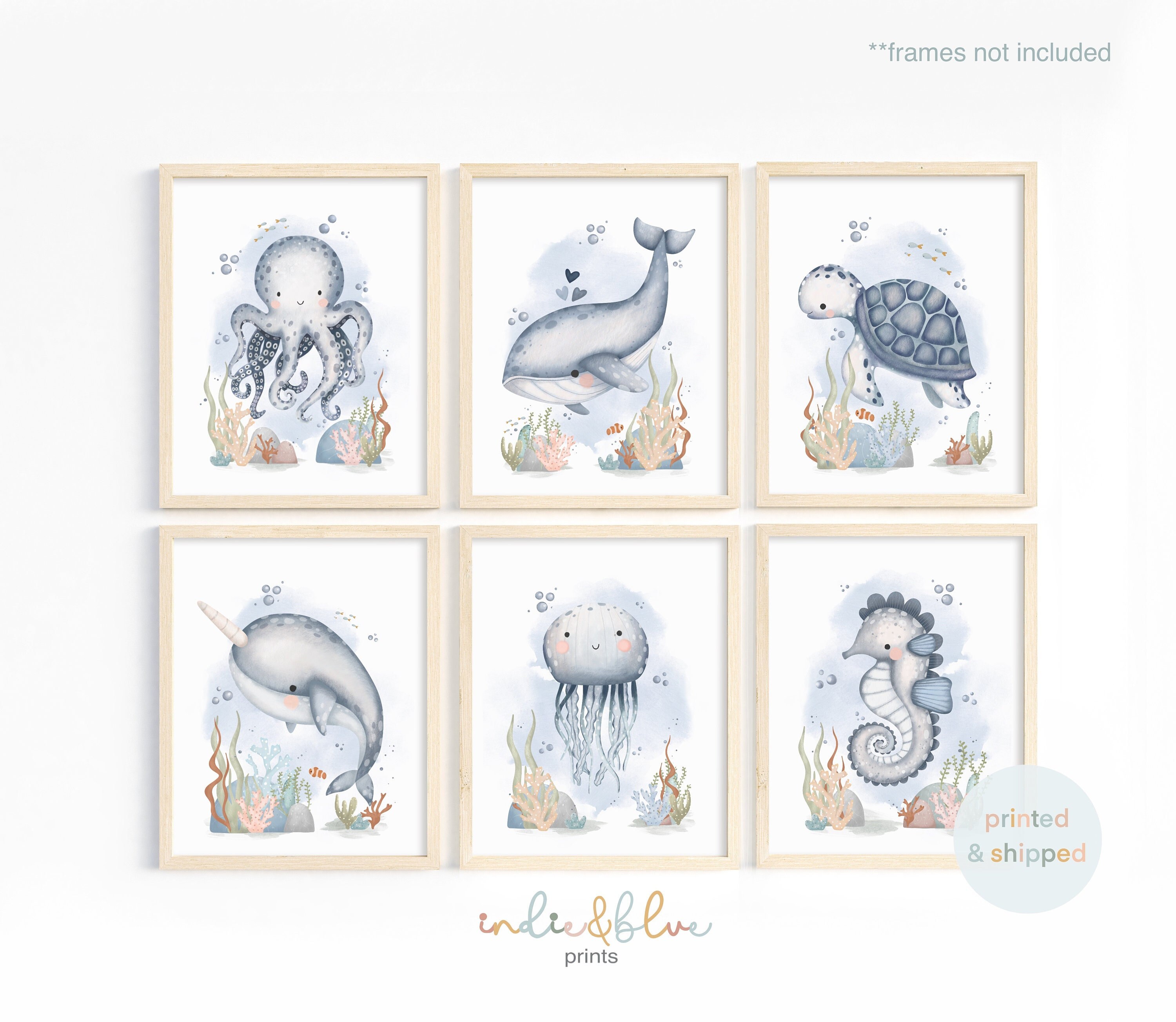 Set of 6 Sea Animals Print, Under the Ocean Prints, Ocean Nursery Print ...