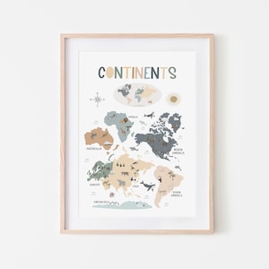 Continents Chart, Unframed Continents Print, World Map, Classroom Decor ...