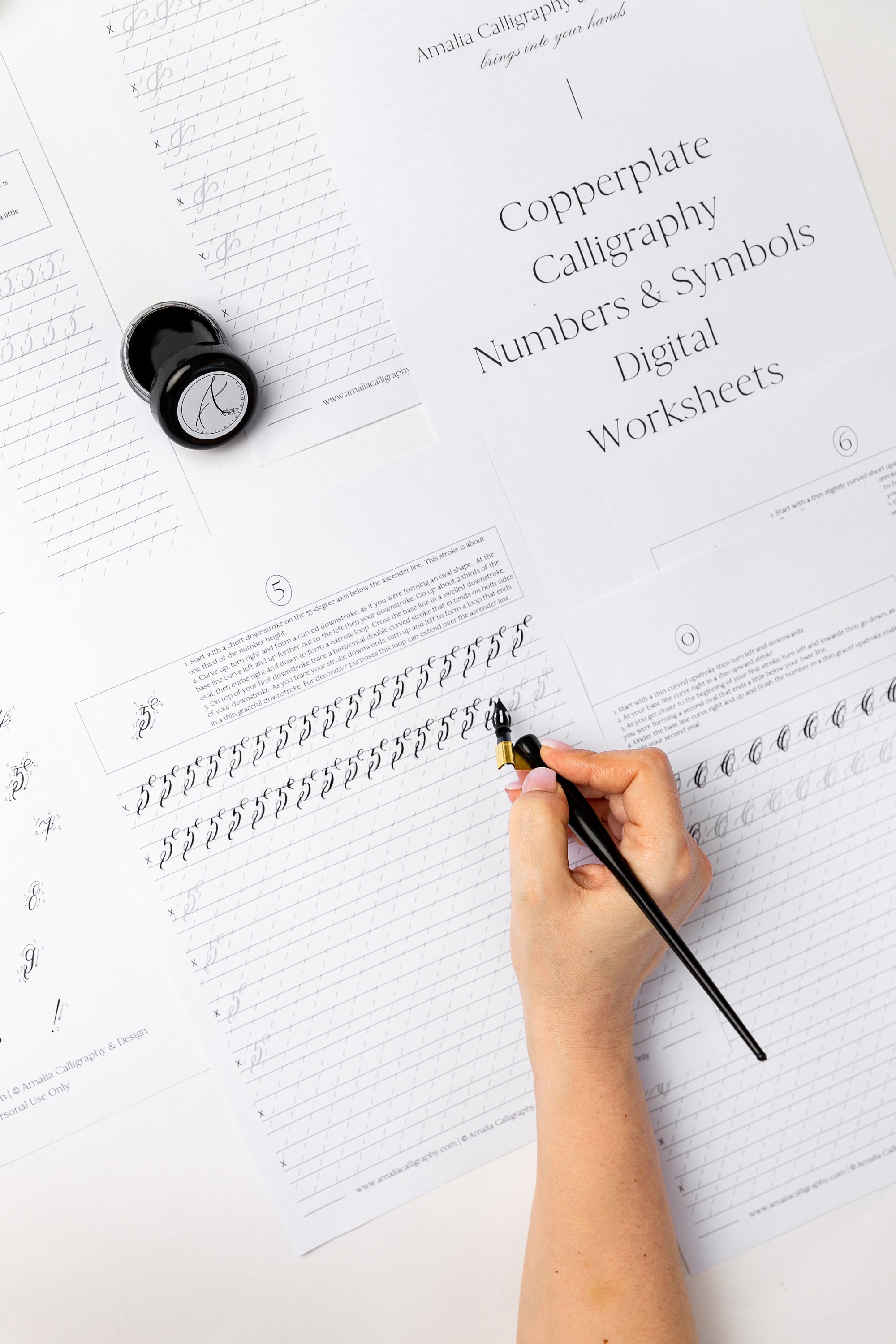 Calligraphy Numbers & Symbols Worksheets Printable Pdf, Pointed Pen ...