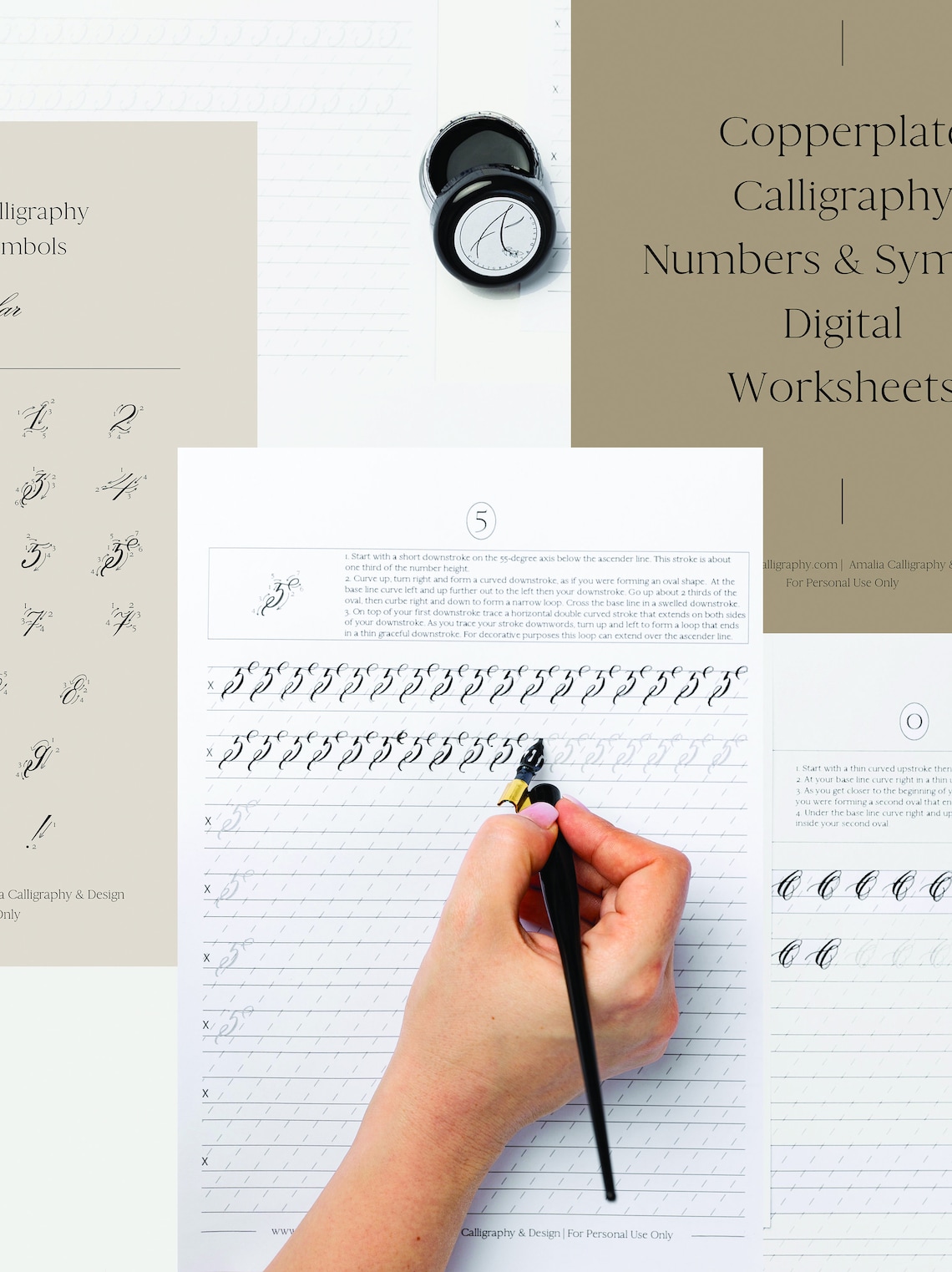 Calligraphy Numbers & Symbols Worksheets Printable Pdf, Pointed Pen ...
