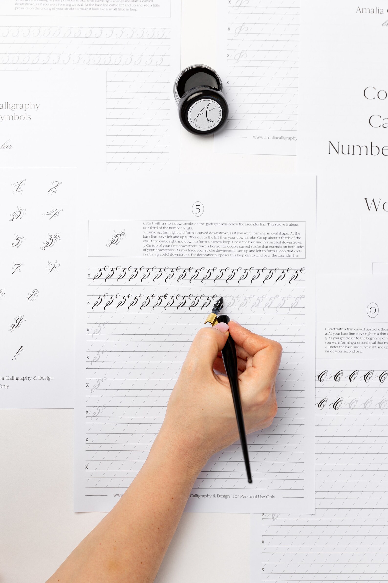 Calligraphy Numbers & Symbols Worksheets Printable Pdf, Pointed Pen ...