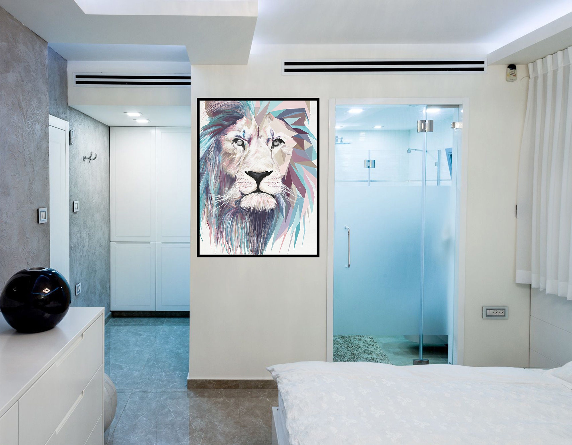 King of Animals Low Poly Lion Black Frame Original Art | Etsy