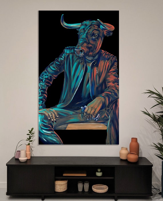 Bull Man Original Art Hand Made Print on Canvas Modern - Etsy