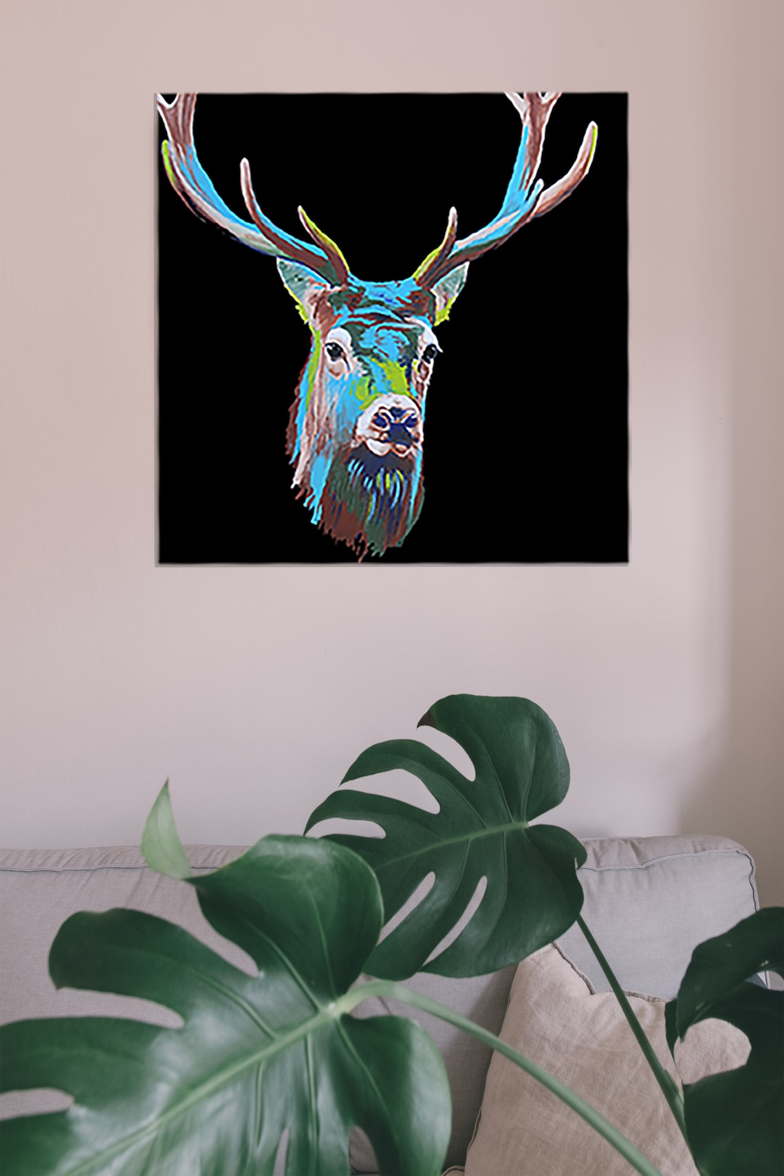 Blue Deer- Original Art, Hand Made, Print on Canvas, Square, Modern ...