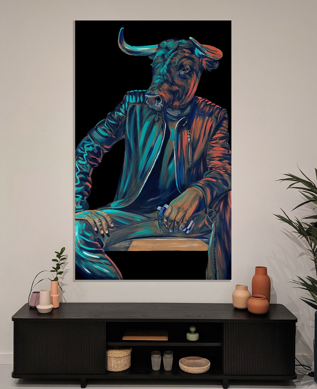 Bull Man - Original Art, Hand Made, Print on Canvas, Modern Paint, Fine ...