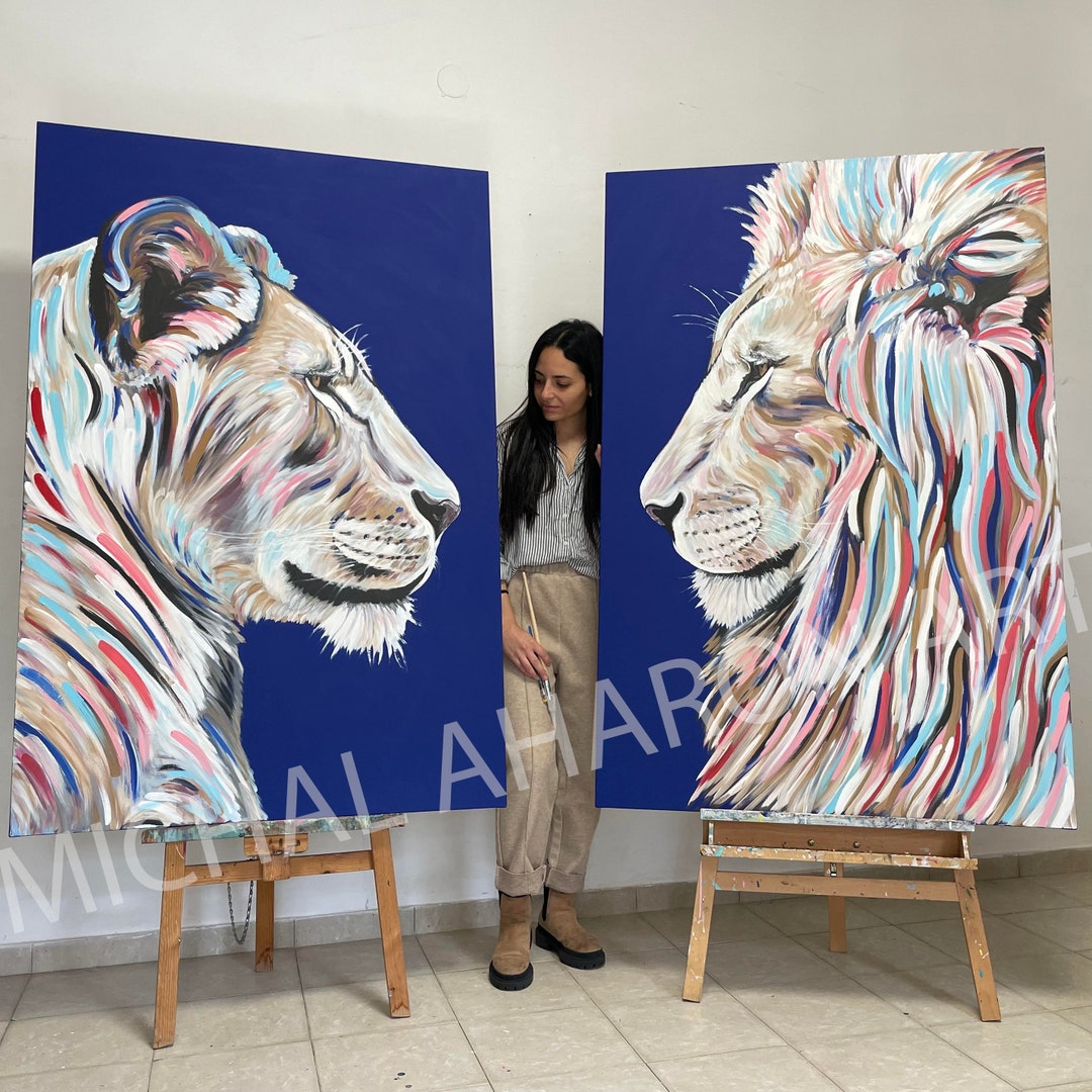A Pair of Blue Lions - Original Painting by Michal Aharon - Etsy
