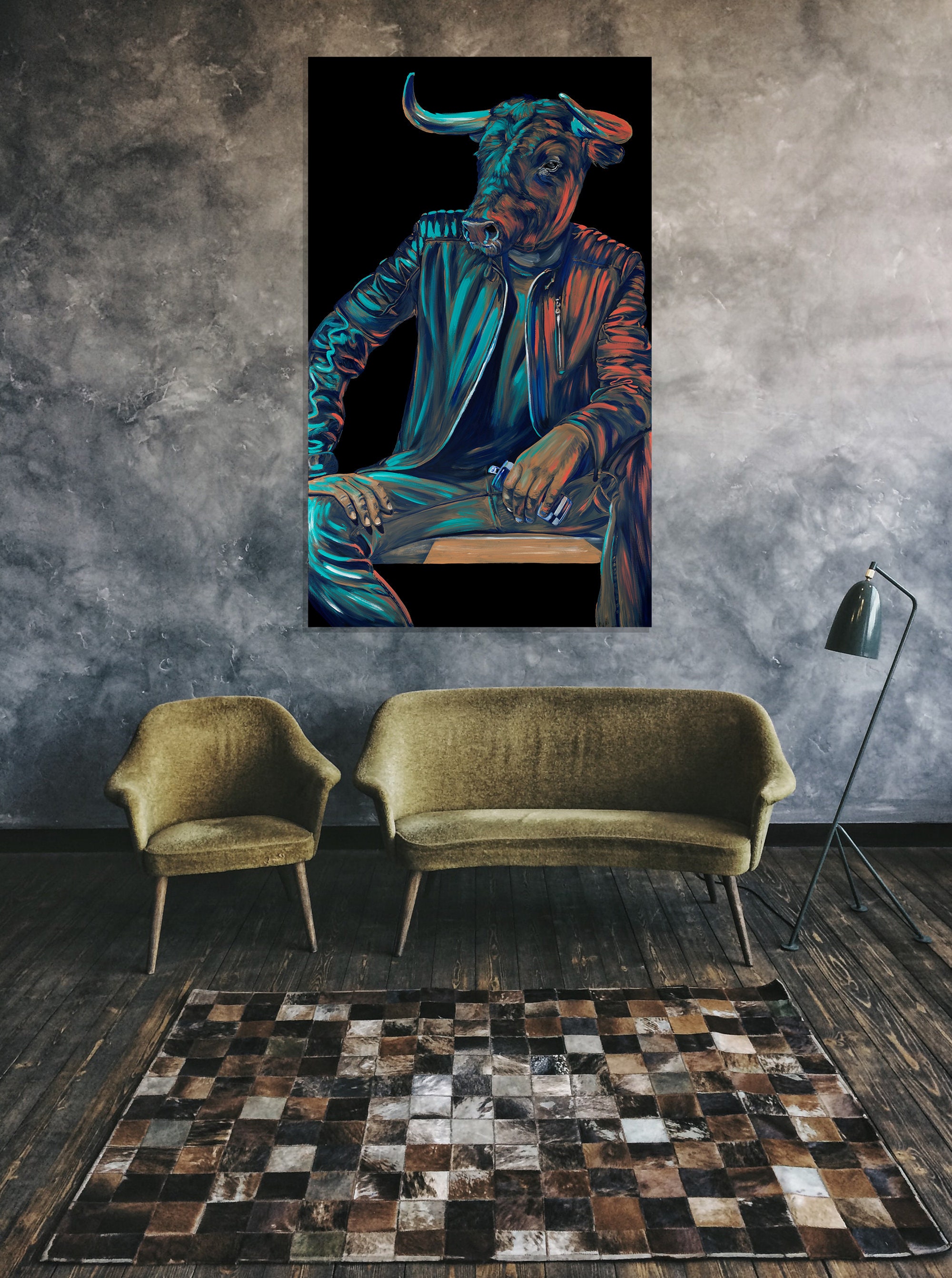 Bull Man Original Art Hand Made Print on Canvas Modern - Etsy