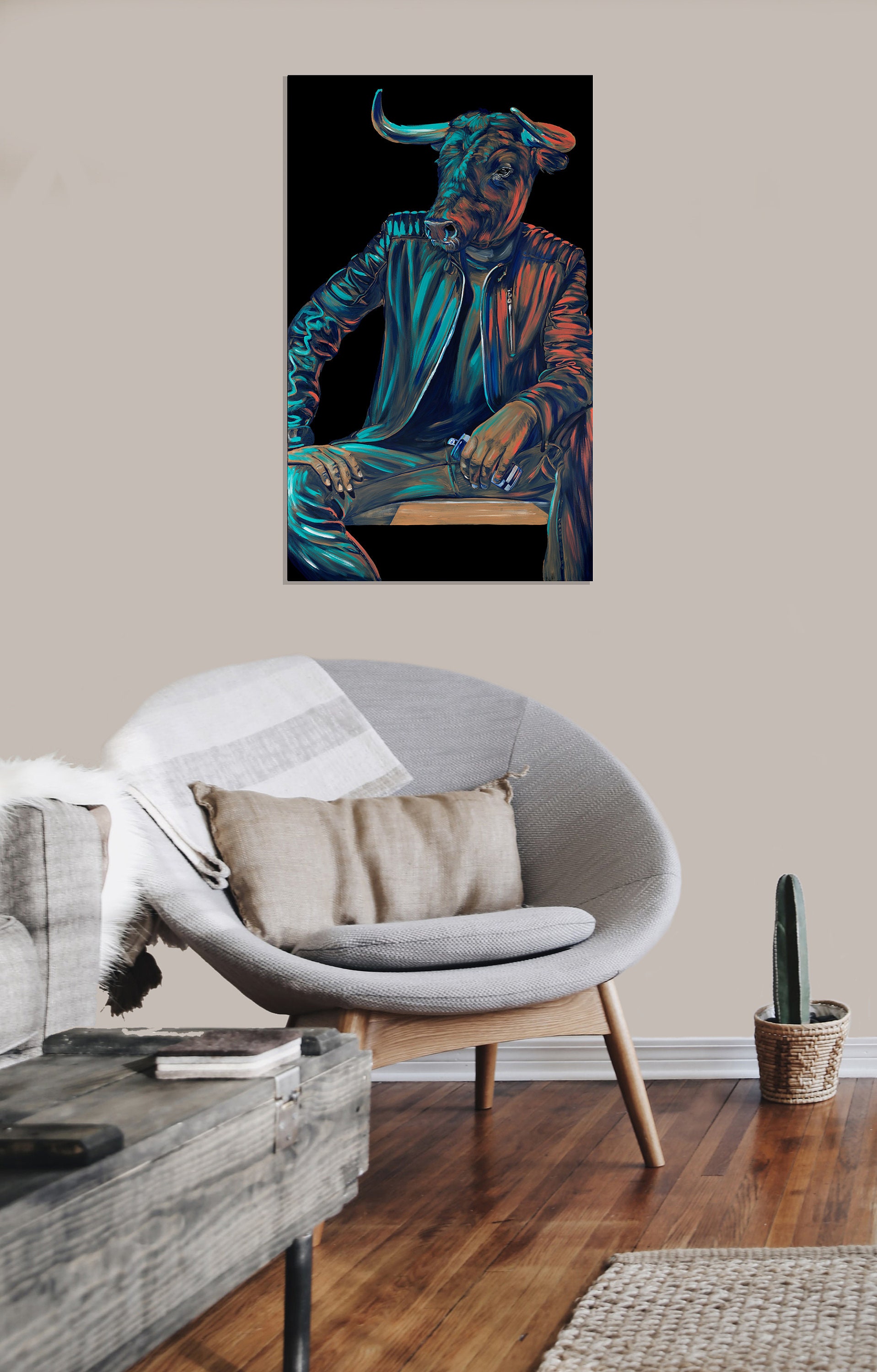 Bull Man Original Art Hand Made Print on Canvas Modern - Etsy