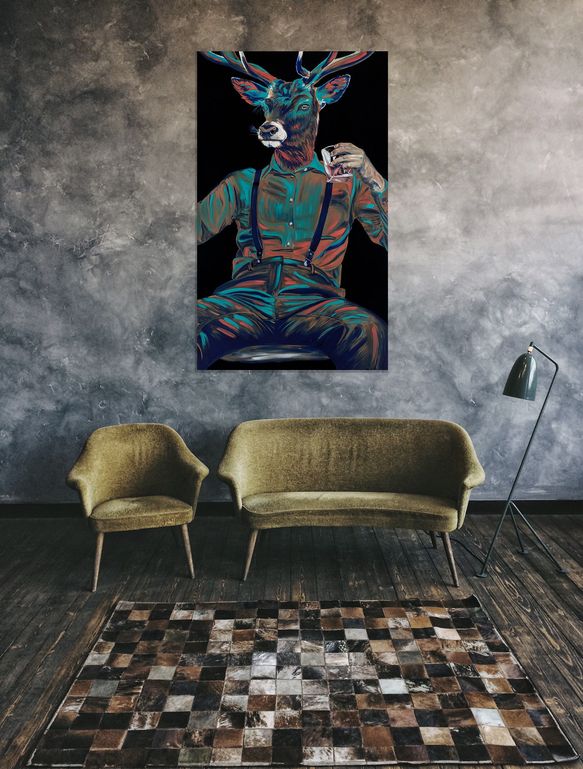 Deer Man Original Art, Hand Made, Print on Canvas, Modern Paint, Fine ...