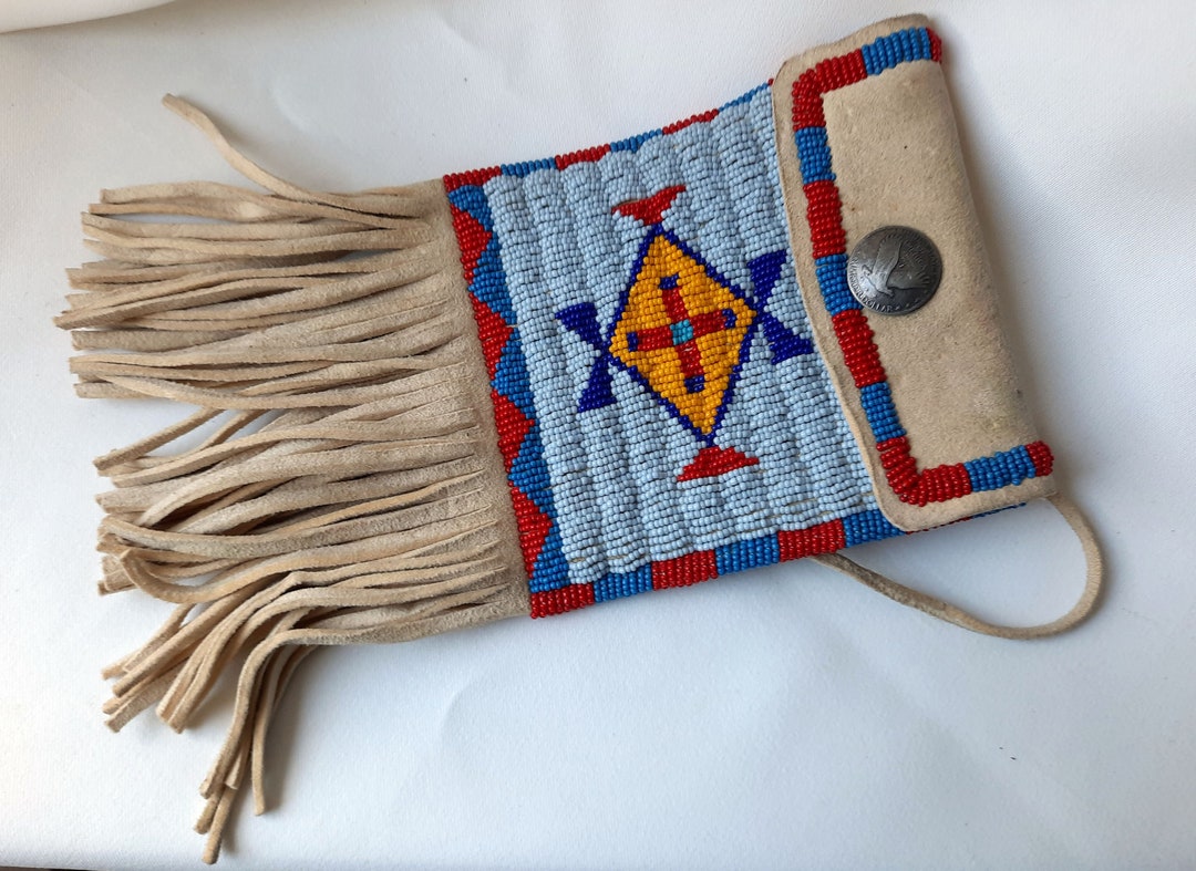 Small Buckskin Bag With Frings , Beadwork,size Appr 14 Cm * 14 Cm ...