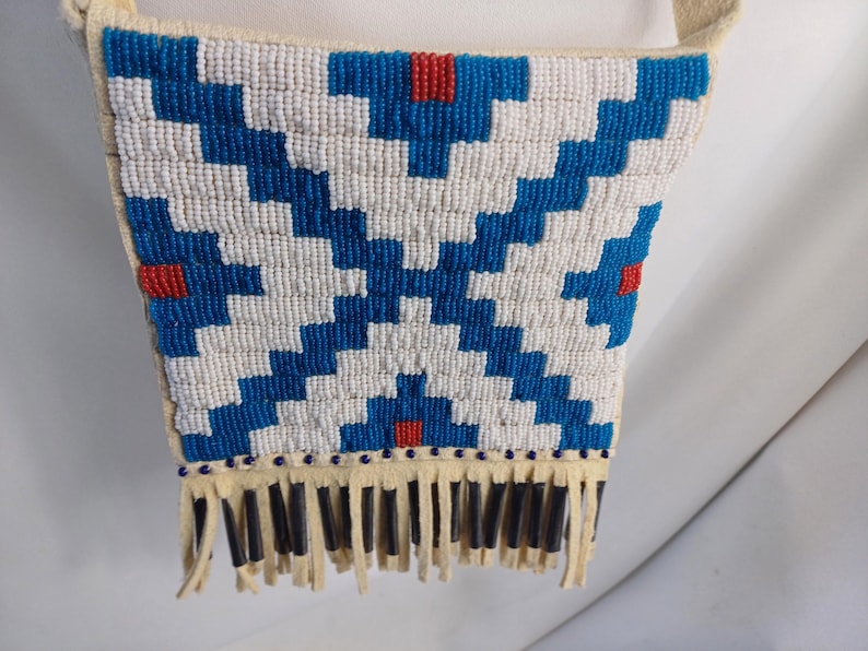 Small Buckskin Bag With Frings , Beadwork,size Appr 14 Cm * 14 Cm ...