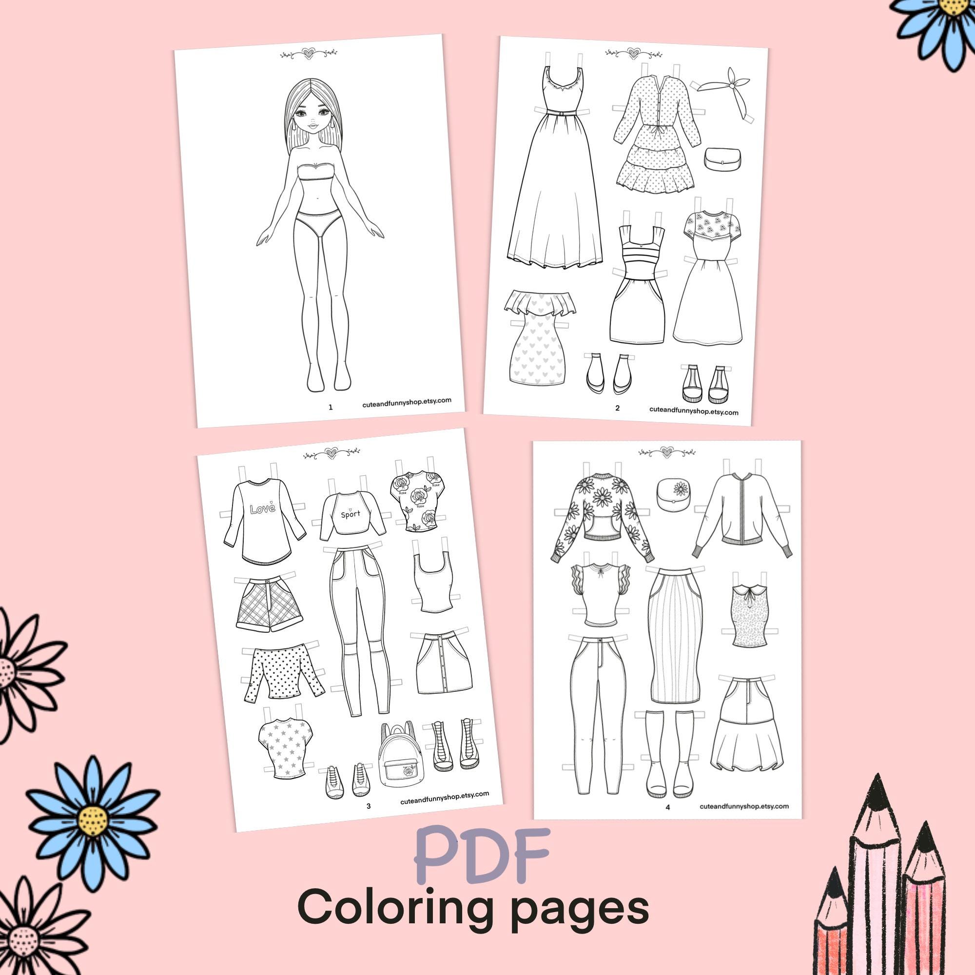 Paper Doll Printable With Clothes. Coloring Page, Book. Outline ...