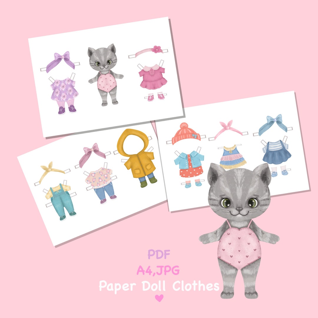 Cat Paper Doll Printable, Clothes Dress-up, DIY Toy (PDF, JPG). Dress ...