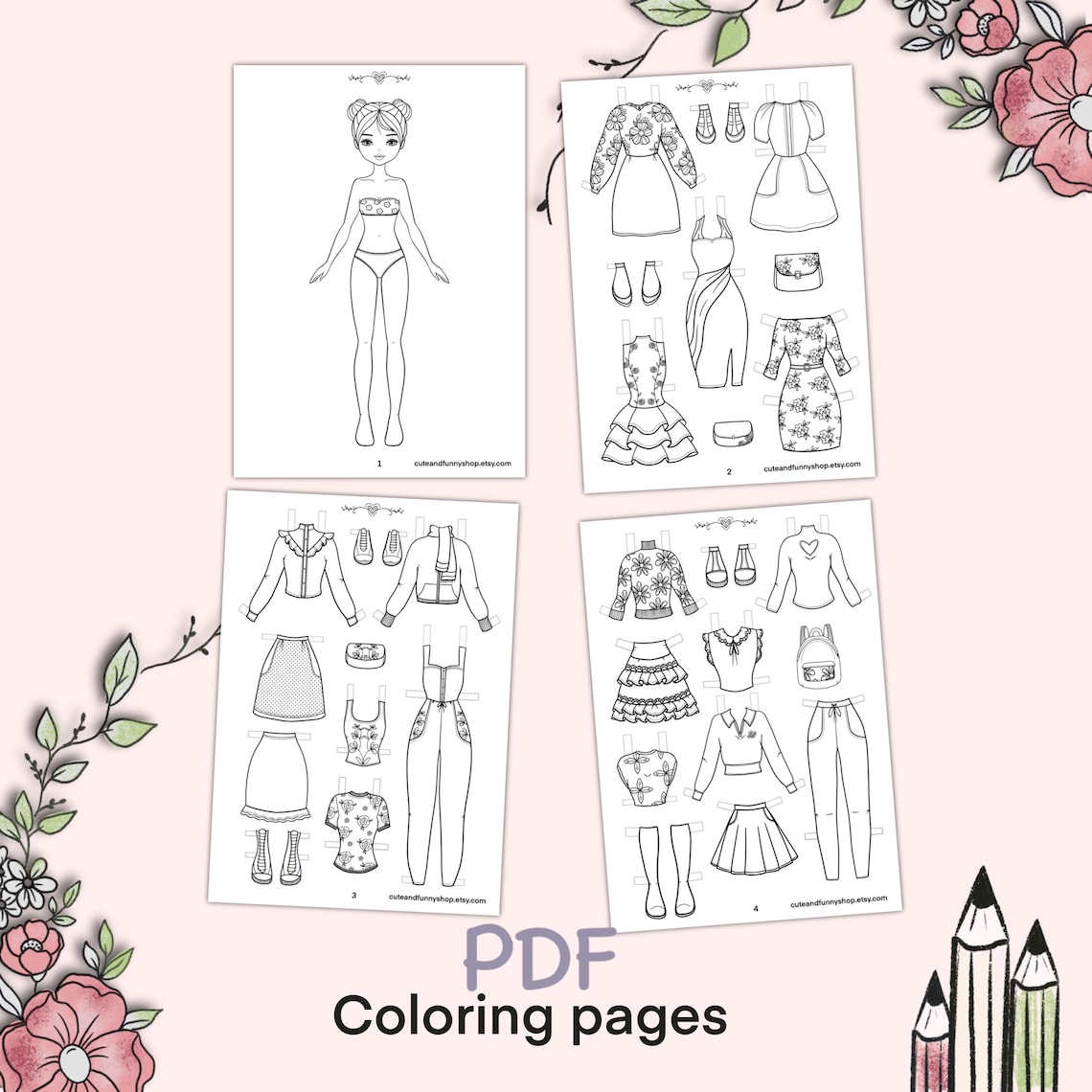 Paper Doll Printable With Clothes. Coloring Page, Book. Outline ...