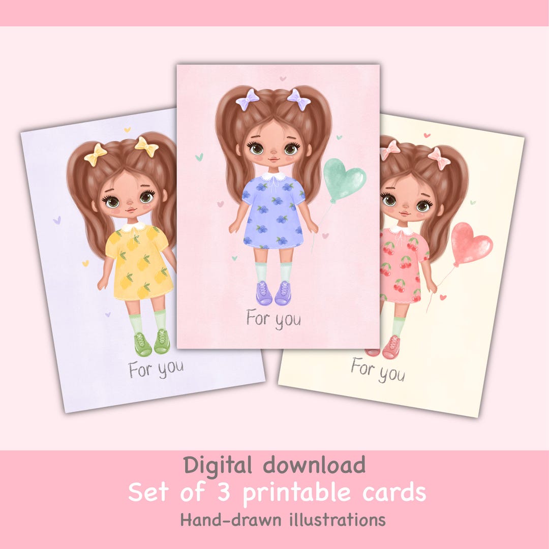 Cute Girl Printable Birthday Cards, Hand Drawn Whimsical Illustrations ...