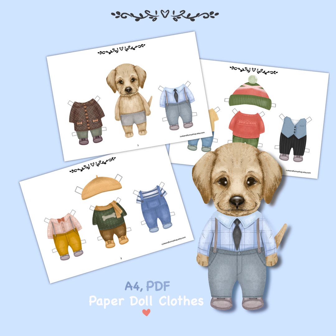 Dog Paper Doll Printable, Dress-up Clothes, DIY Craft (PDF). Dress Up ...
