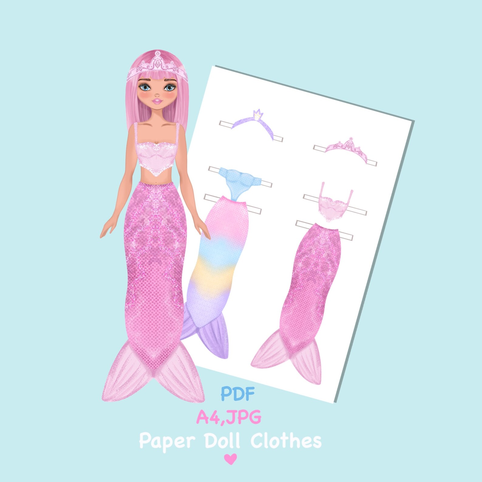 Mermaid Paper Doll Printable With Clothes (digital Download) Dress Up ...