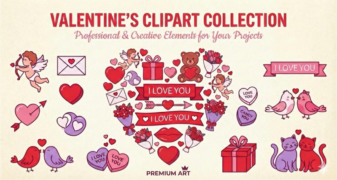 Valentine’s Day Clipart Bundle PNG | Cute Cupid, Hearts, Love Stickers ...