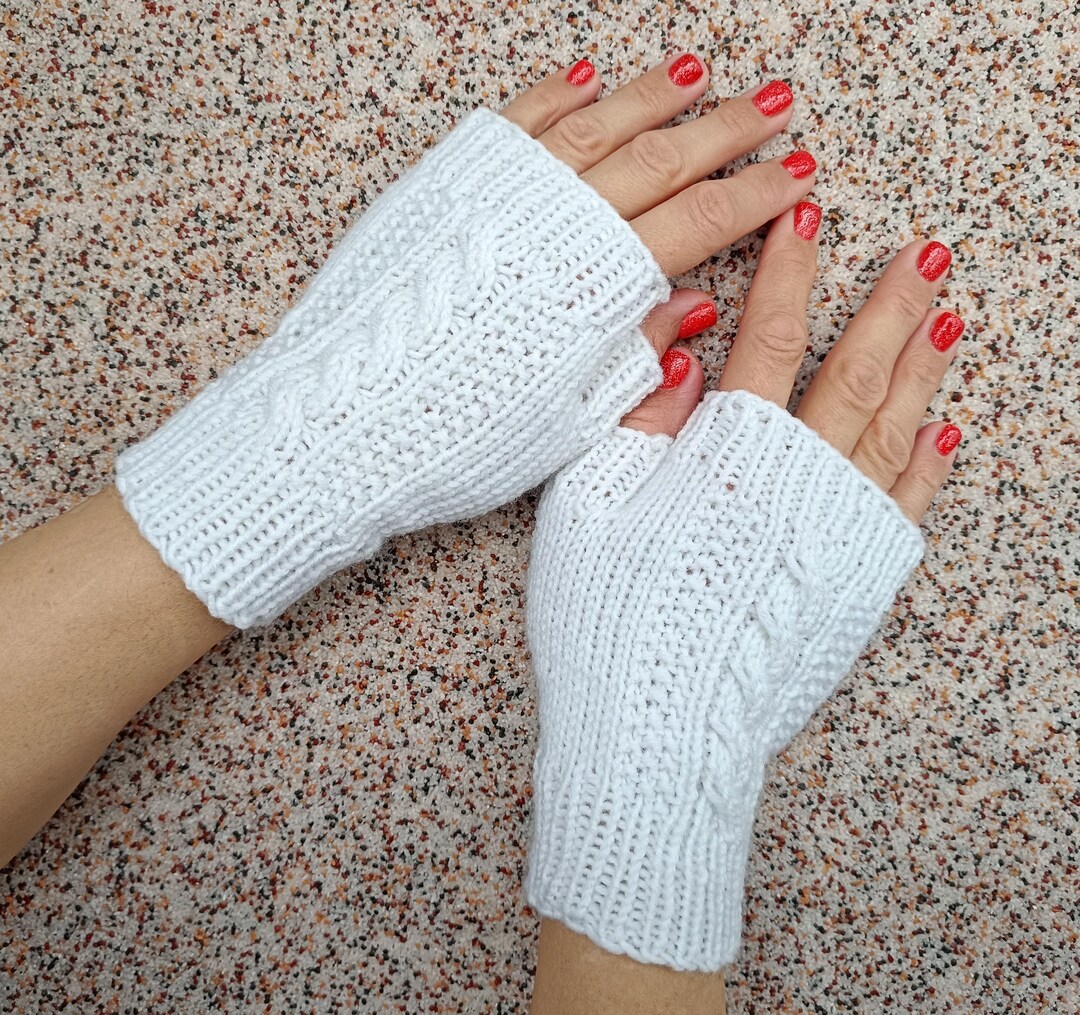 White Hand Knit Fingerless Mittens for Mom for Wife for Sister Autumn ...