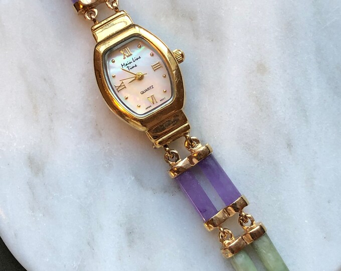 Main Line Time Multi-color Jade & Mother of Pearl Gold Watch | Vintage ...