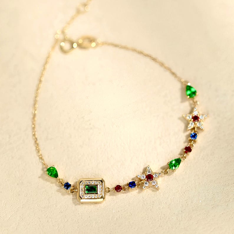 18K Solid Gold Star Bracelet | Natural Ruby Sapphire Emerald Diamond ...
