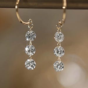 18K Solid Gold Triple Diamond Drop Earrings | Classic Three-stone ...