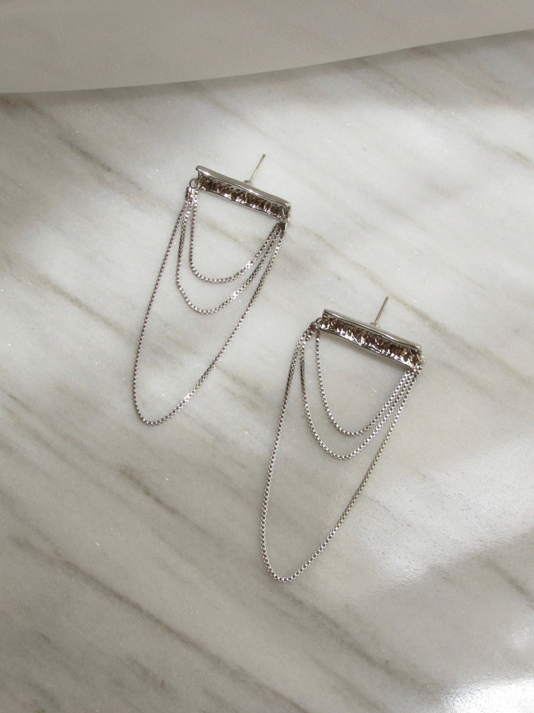 Textured Molten Bar Silver Earrings with Chains, Silver Earrings ...